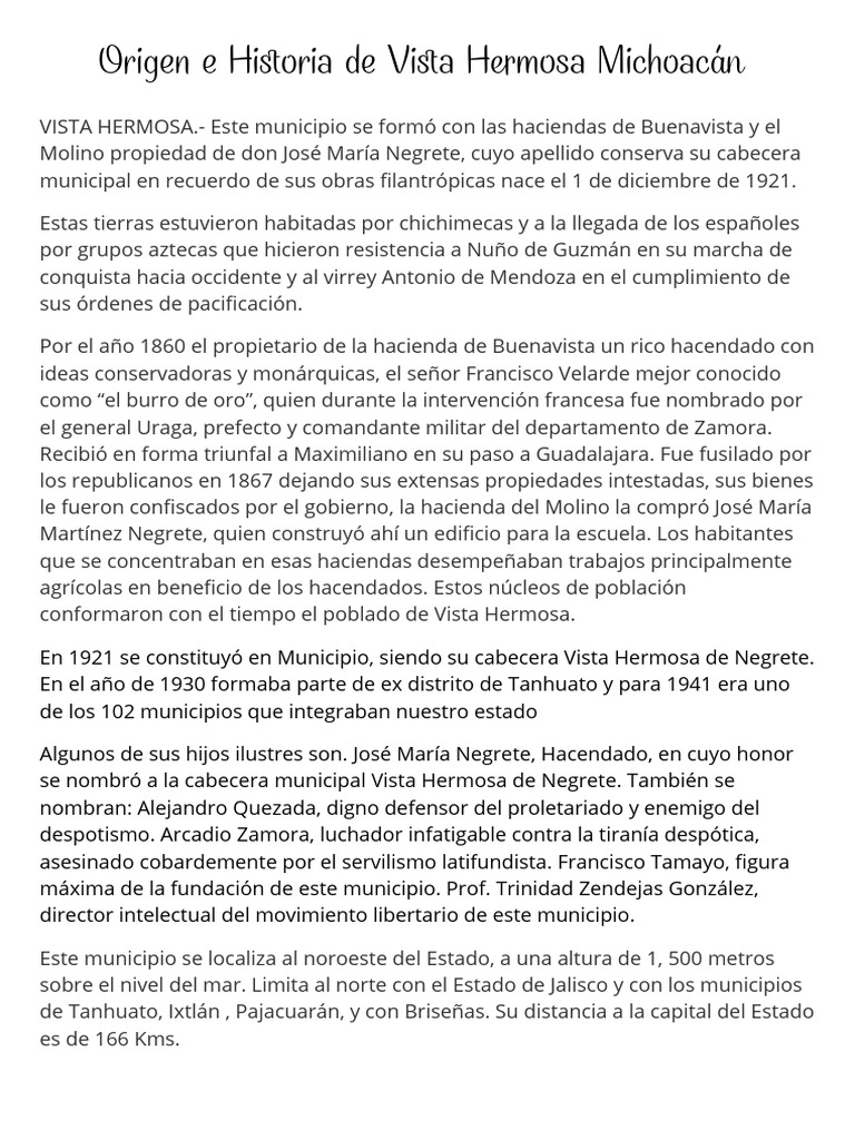 Historia de Vista Hermosa Michoacán PDF | PDF
