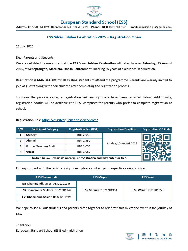 © ESS Silver Jubilee Celebration 2025 - Registration Open - 20250721 ...