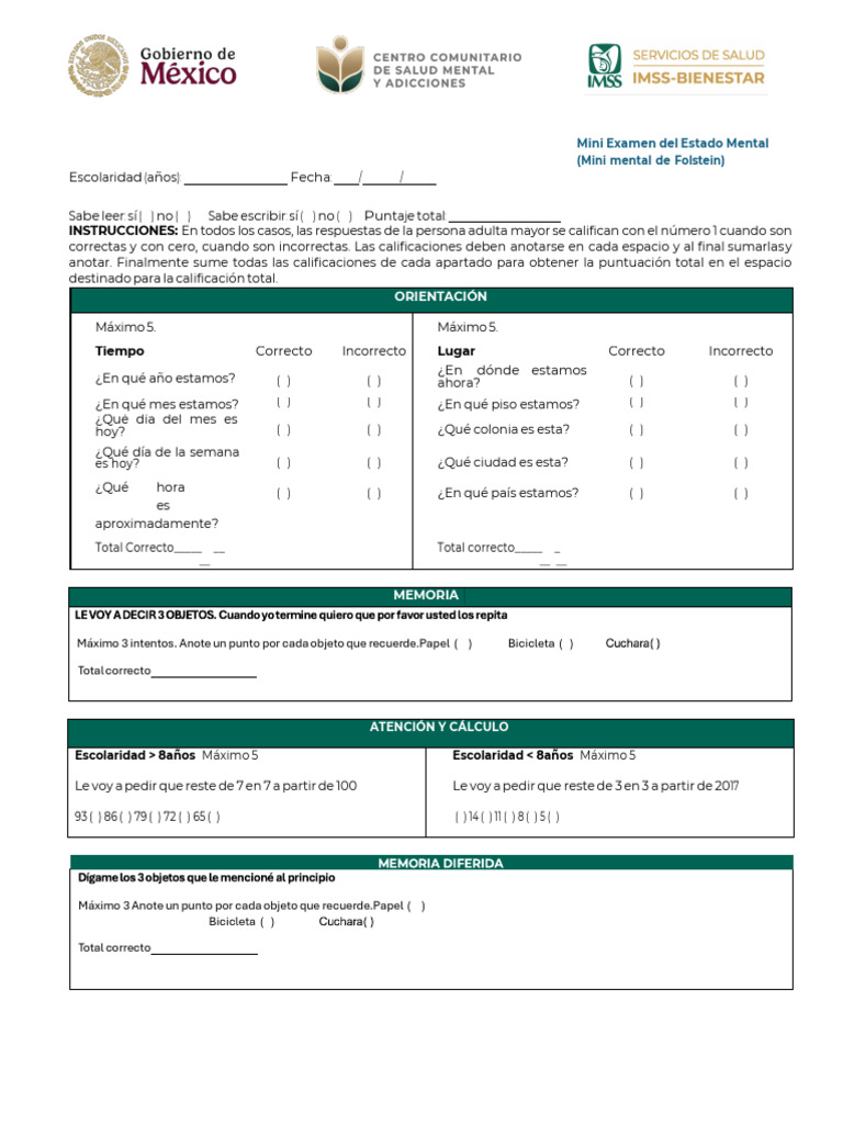 Anexo - 9. Prueba de Mini-Mental de Folstein - IMSSB | PDF | Cognición