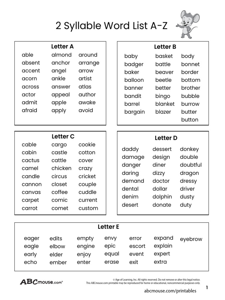 A-Z Two-Syllable Word List PDF | PDF