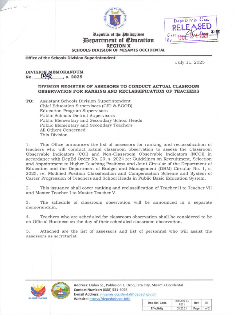 Dm. 0942 S. 2025 Division Register of Assessors To Conduct Actual ...
