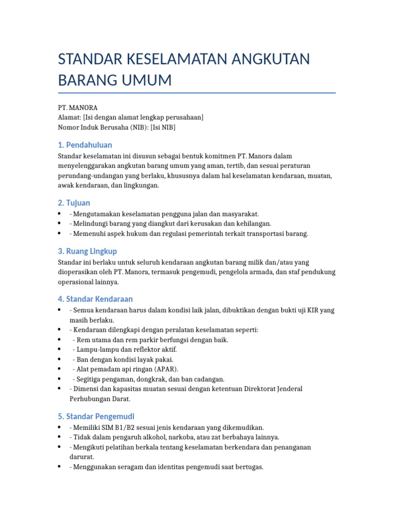 Standar Keselamatan Angkutan PT. Manora | PDF