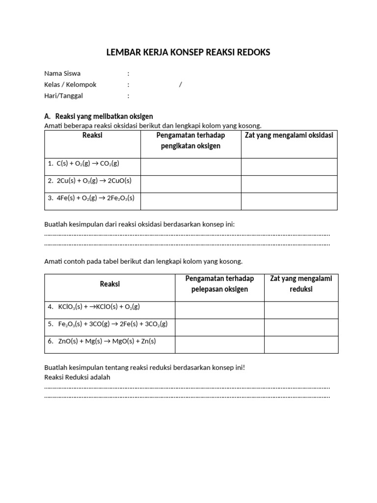 Lembar Kerja Konsep Reaksi Redoks | PDF