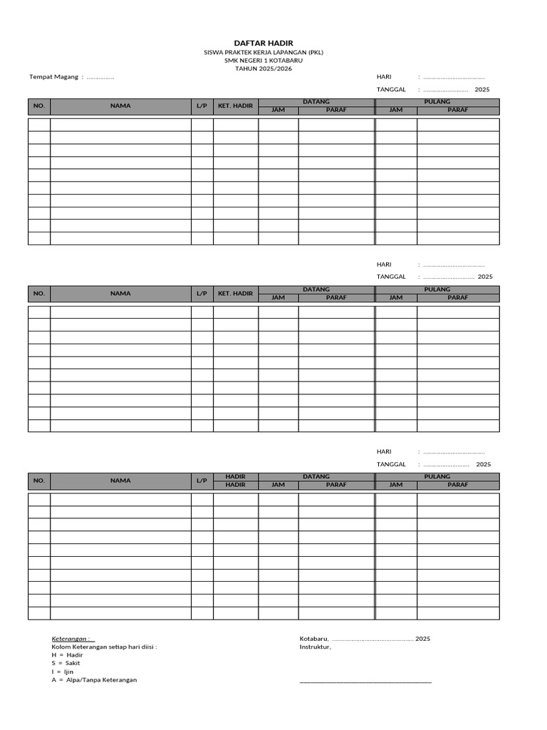 Template Daftar Hadir Siswa PKL | PDF