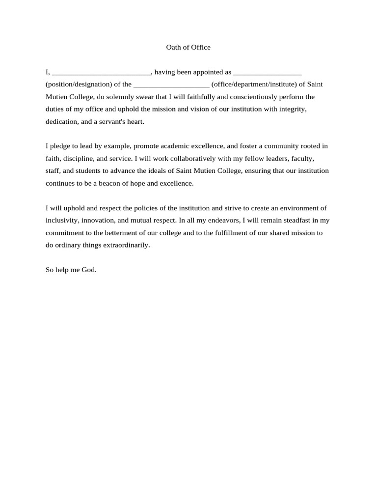 Saint Mutien College Oath of Office | PDF