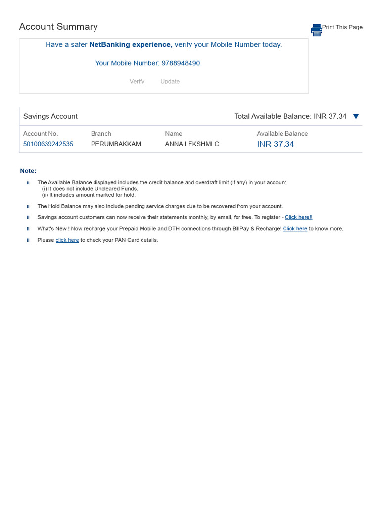 HDFC NetBanking Account Summary | PDF