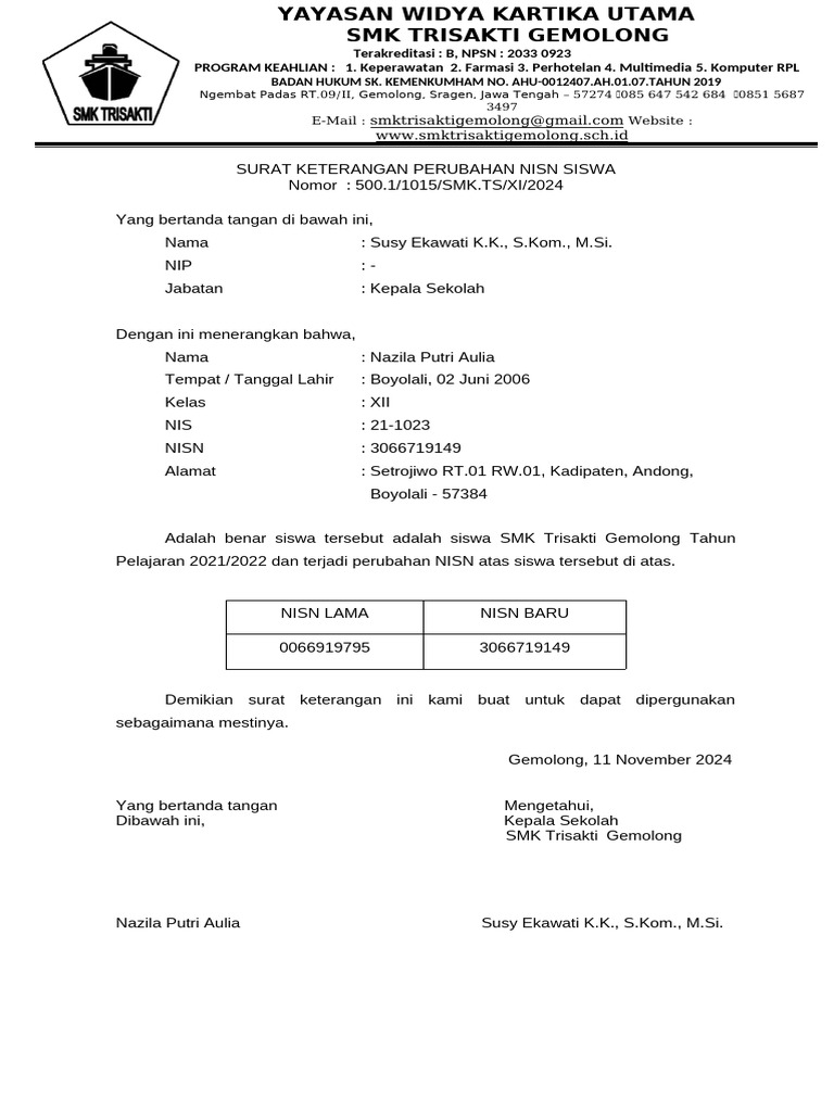 Surat Perubahan NISN Nazila Putri Aulia | PDF