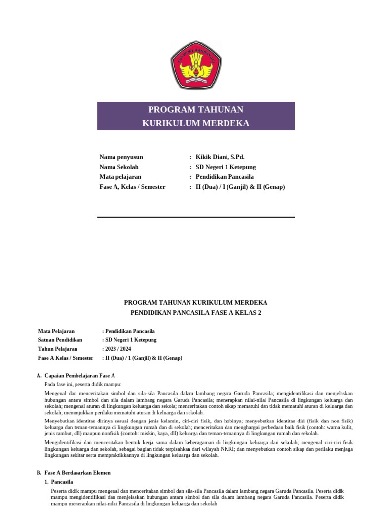 Prota PPKN Kelas 2 | PDF