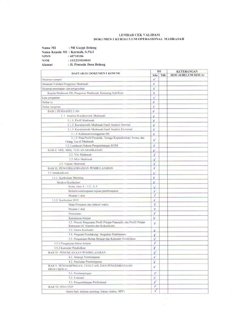 Ceklis Validasi Dokumen KOM | PDF