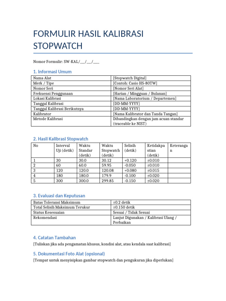 Formulir Kalibrasi Stopwatch Detail | PDF