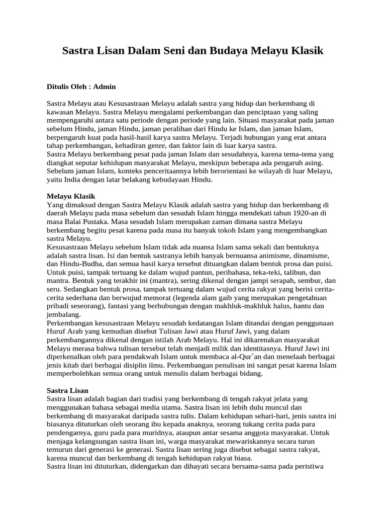 Sastra Lisan Dalam Seni Dan Budaya Melayu Klasik | PDF