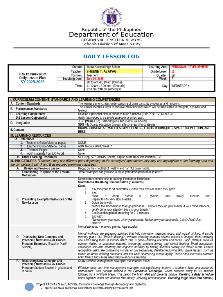 DLP PERDEV Q1-WEEK 7 DAY 3 | PDF | Learning | Mindfulness