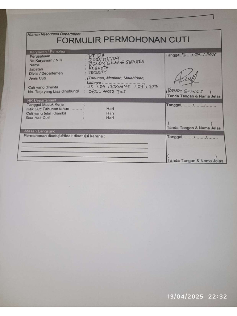 Form Cuti-1 | PDF