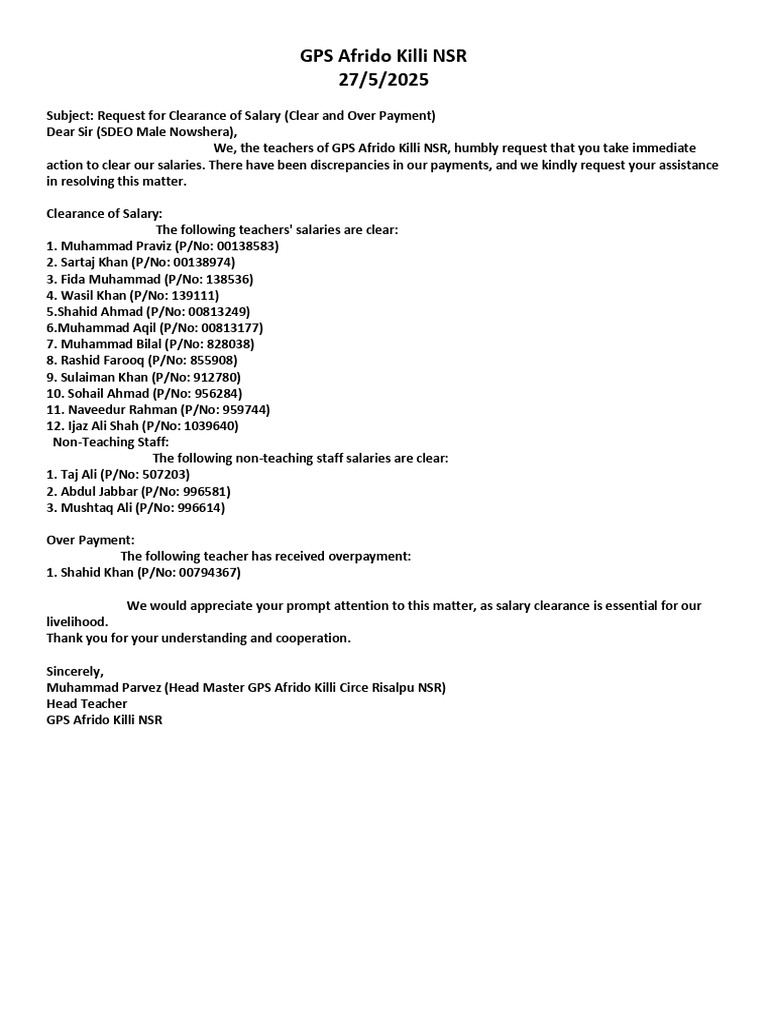 Clearence Salery of TeacherGPS Afrido Killi NSR | PDF