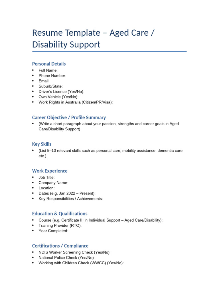 Aged Care/Disability Support Resume Template | PDF