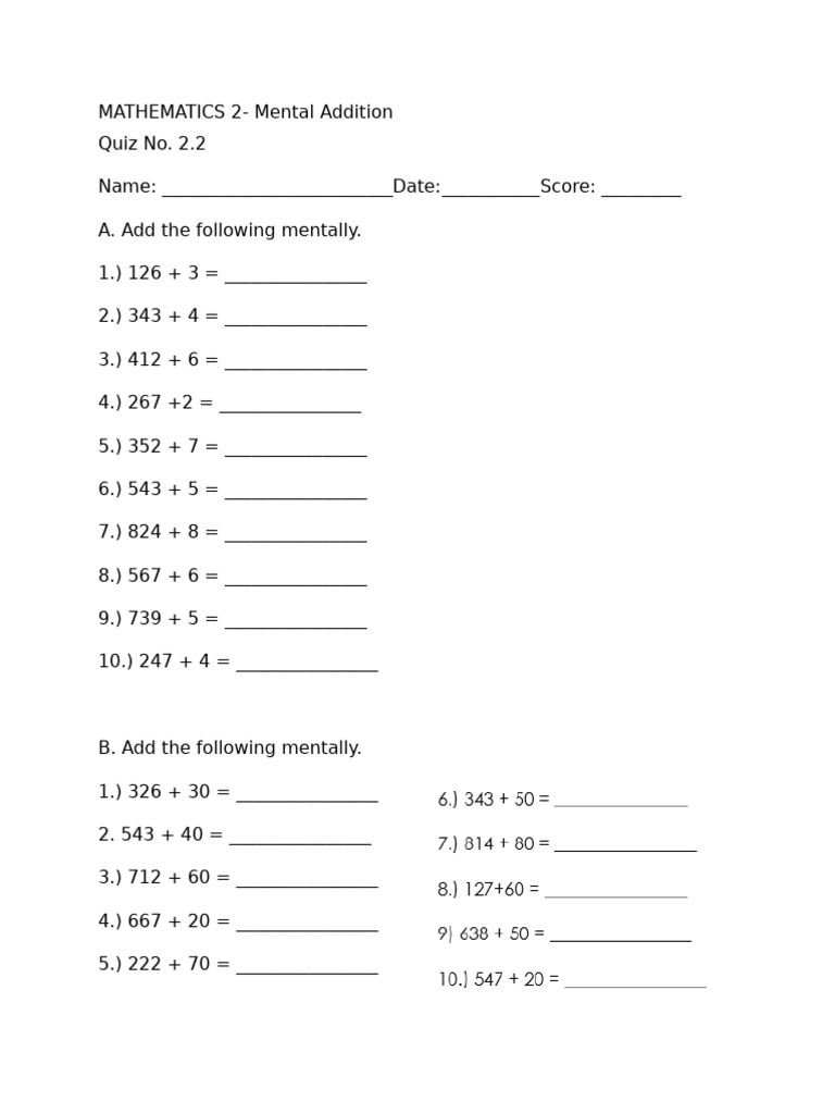 Mental Addition Quiz for Students | PDF