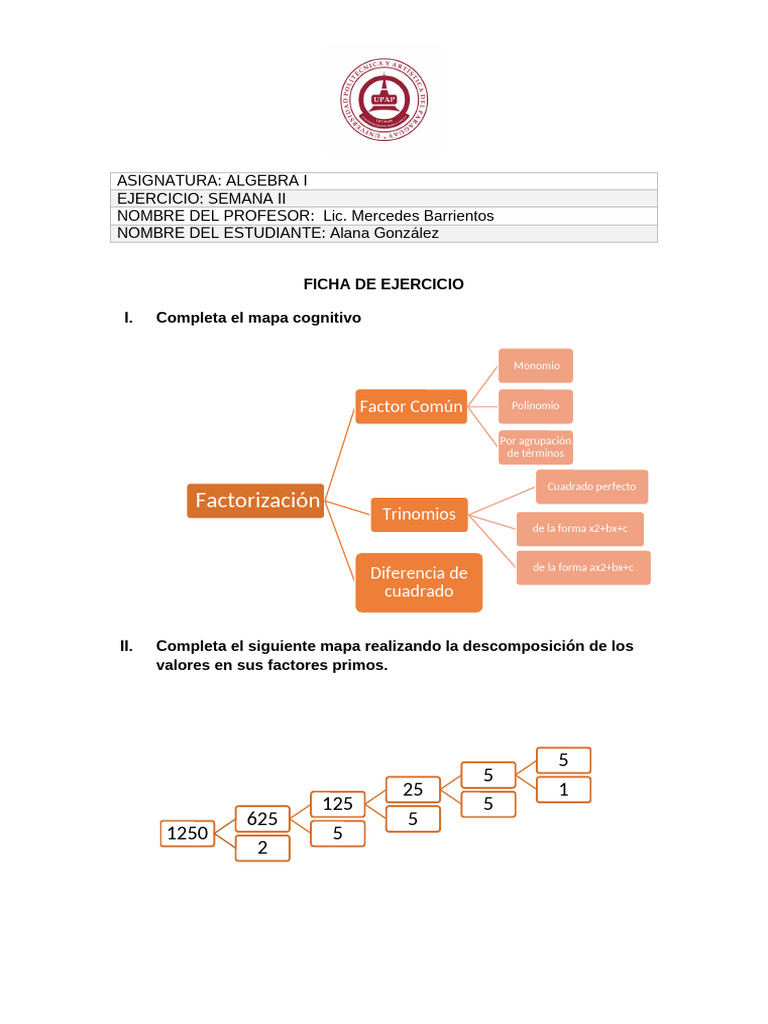 SEMANA II - FICHA - ÁLGEBRA I-1. Marce Benegas | PDF | Factorización | Aritmética