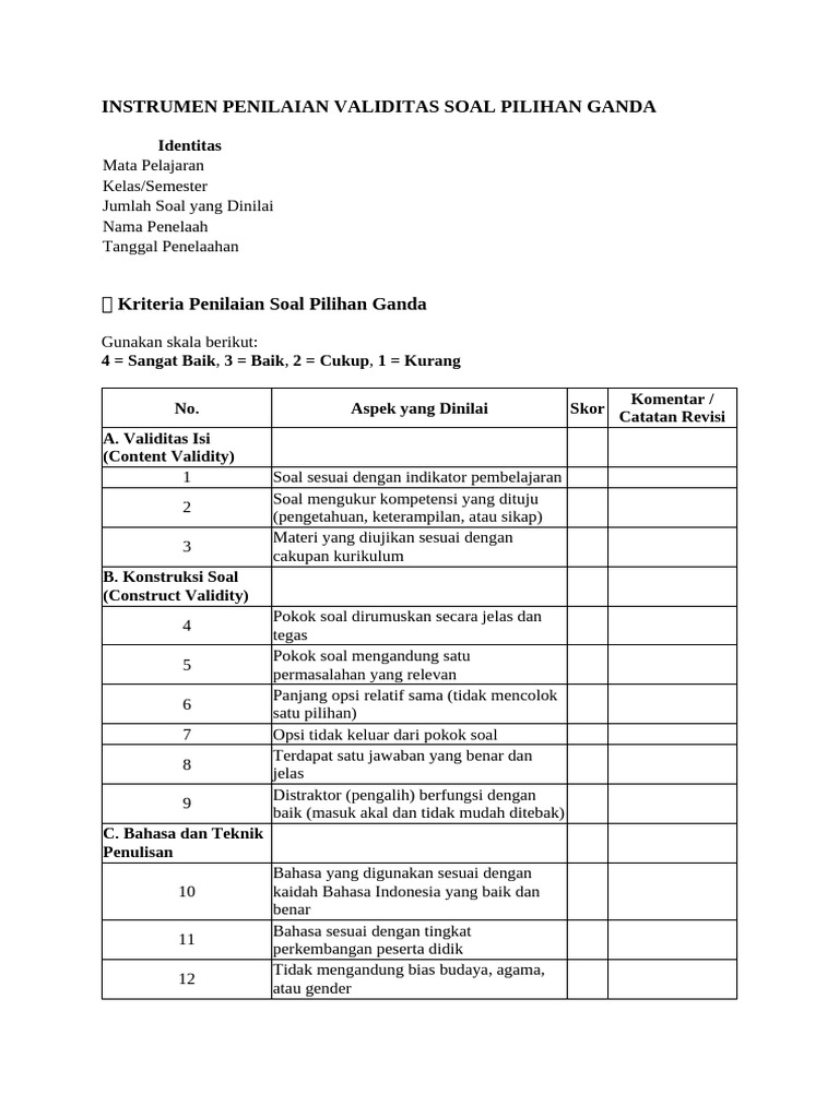 Validitas Instrumen Soal Pilihan Ganda | PDF