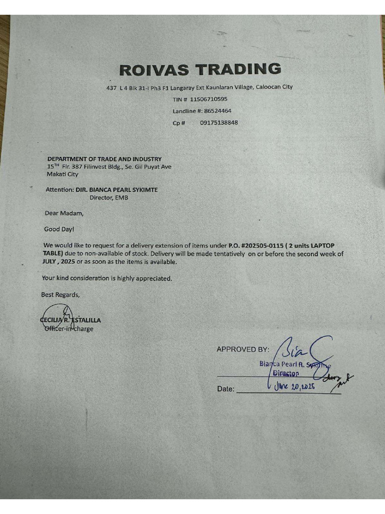 Approved Extension Letter - Roivas Trading | PDF