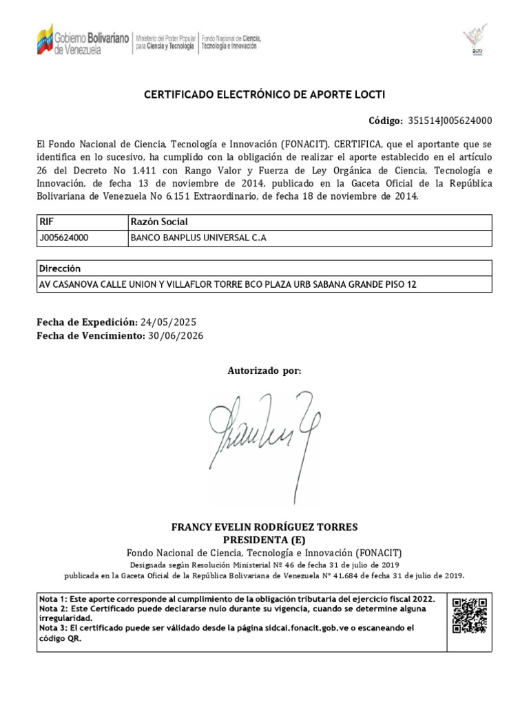 Fonacit Certificado Locti 2022 | PDF