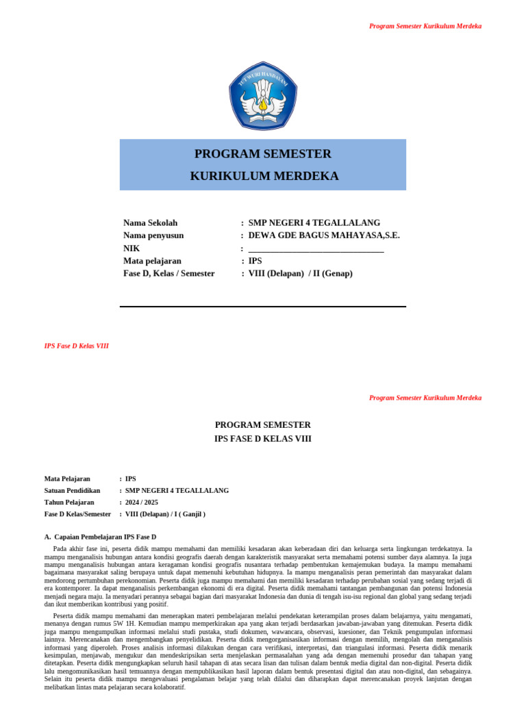 Program Semester IPS Kelas VIII 2024 | PDF