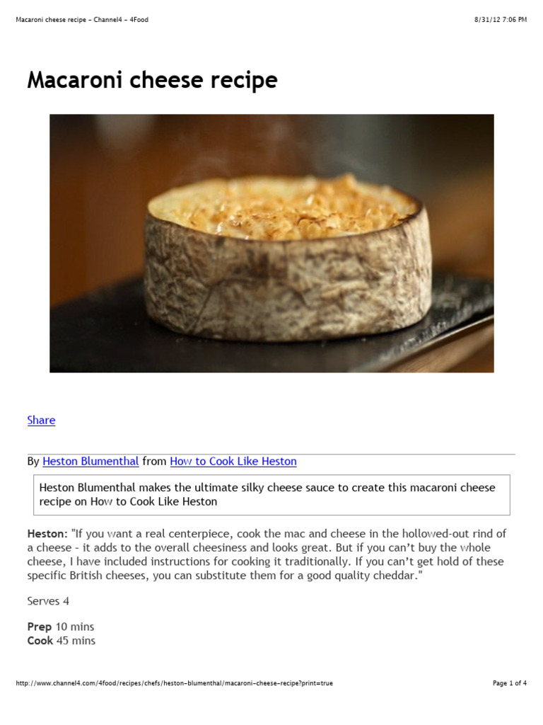 Heston's Ultimate Macaroni Cheese Recipe | PDF | Pasta | Macaroni And ...