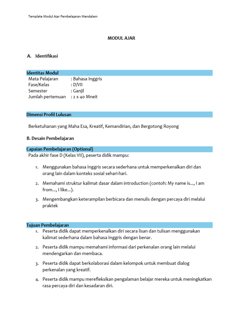 Template Modul Ajar Pembelajaran Mendalam | PDF
