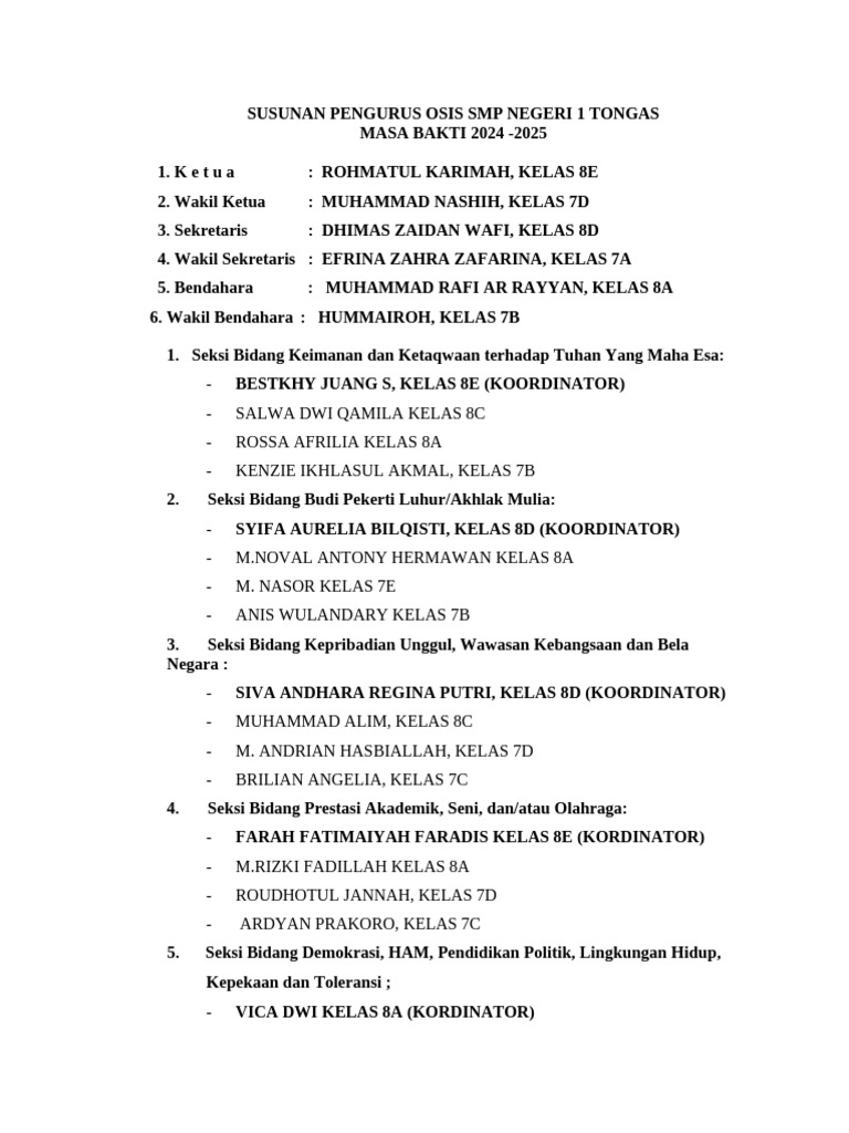 Osis - Siswa - Susunan Pengurus Osis SMP Negeri 1 Tongas | PDF