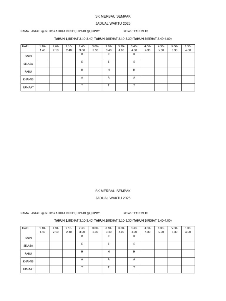 Template Jadual Waktu Sekolah 2025 | PDF