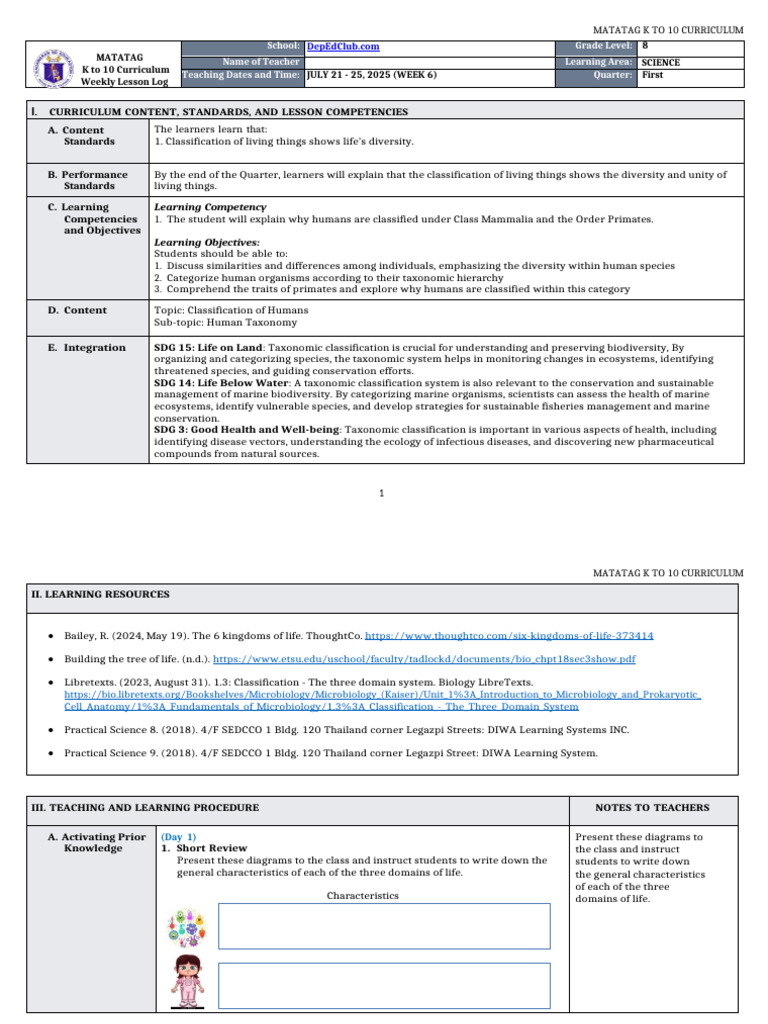 DLL Matatag - Science 8 q1 w6 | PDF | Organisms | Biology