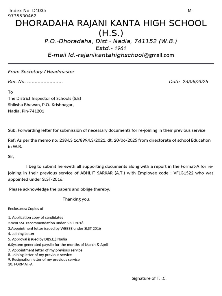 Forwarding Letter for Re-joining Service | PDF