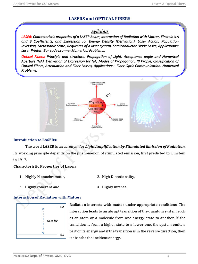 Laser & Optical Fibers For CSE-2024-25 | PDF | Optical Fiber | Laser