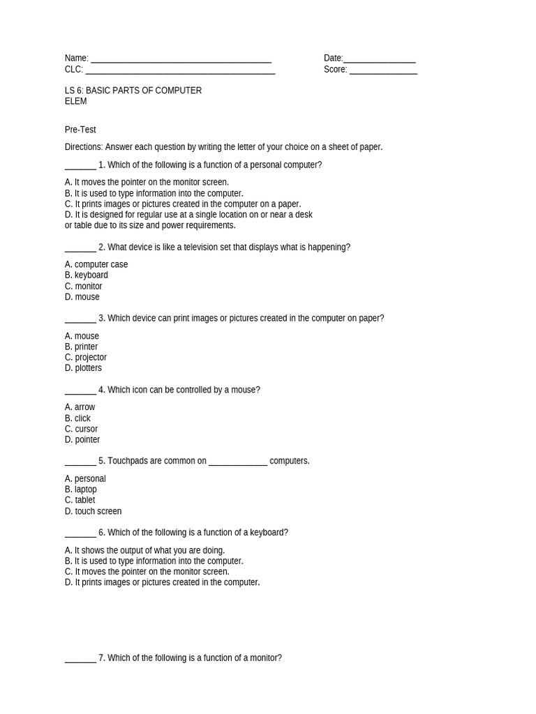 LS 6 Pre Post Basic Computer | PDF | Cursor (User Interface) | Computer Keyboard