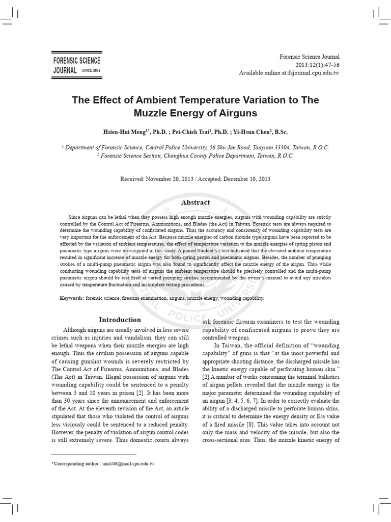 Forensic Science, Firearms Examination, Temperature, Muzzle KE, Airgun ...