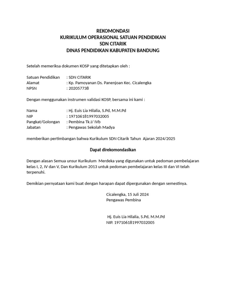 2.lembar Rekomondasi Kosp SDN Citarik | PDF