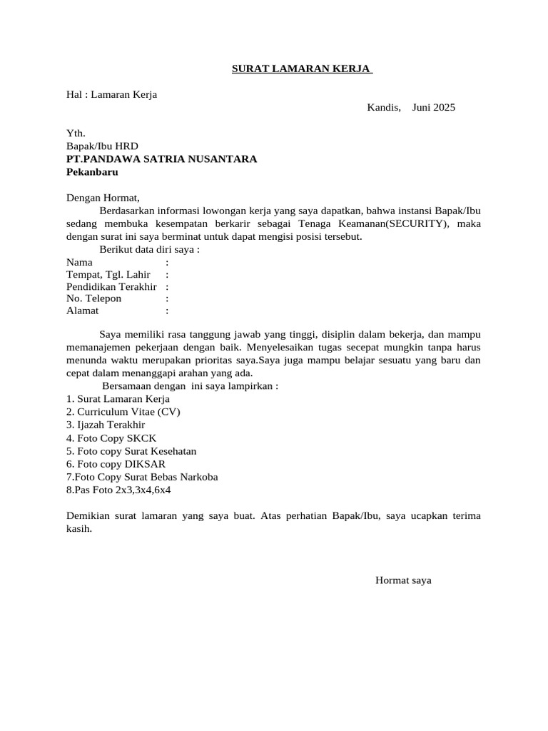 Contoh Surat Lamaran Kerja Security | PDF