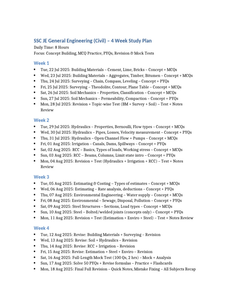 SSC JE Civil Engineering 4-Week Plan | PDF