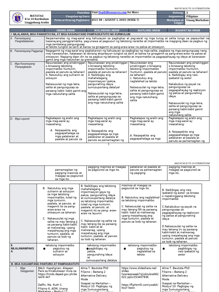 DLL Matatag Filipino 2 q1 w7 | PDF