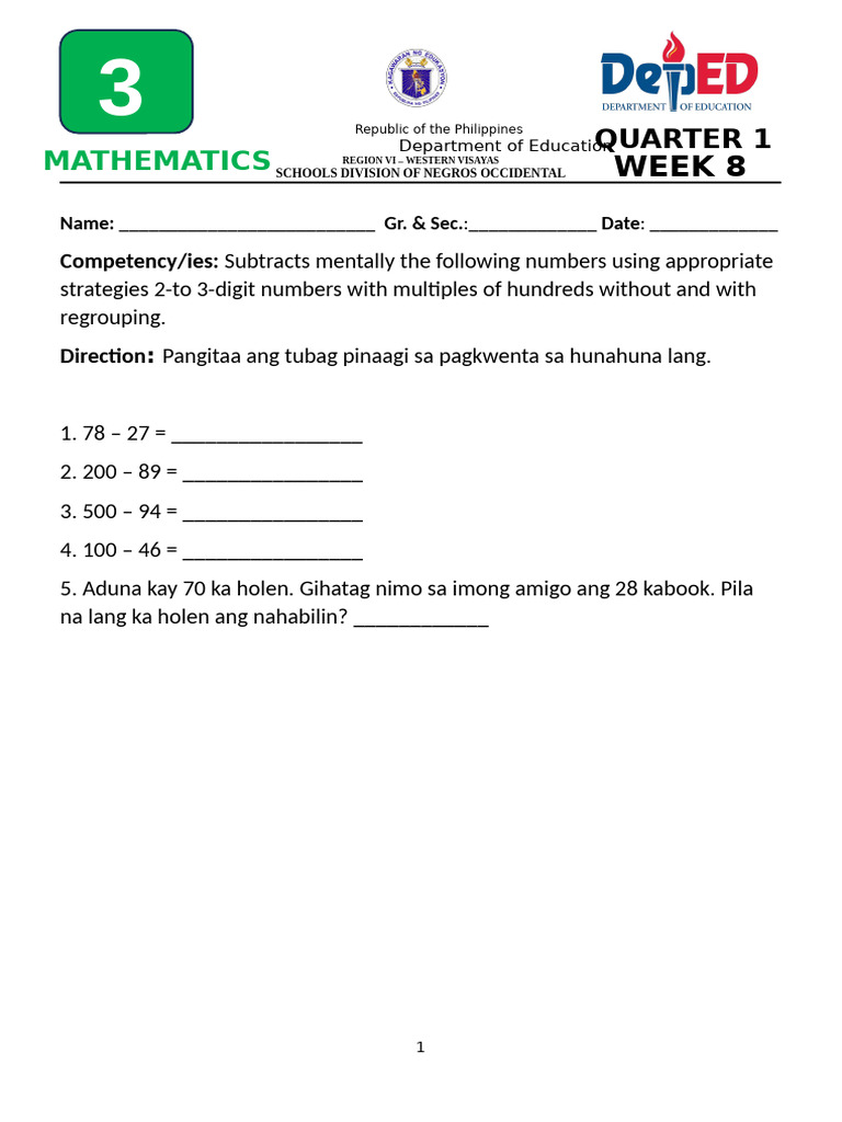 Mathematics-Grades 3 - Week 8 | PDF