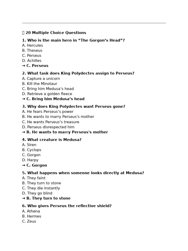 Perseus and the Gorgon Quiz | PDF | Medusa