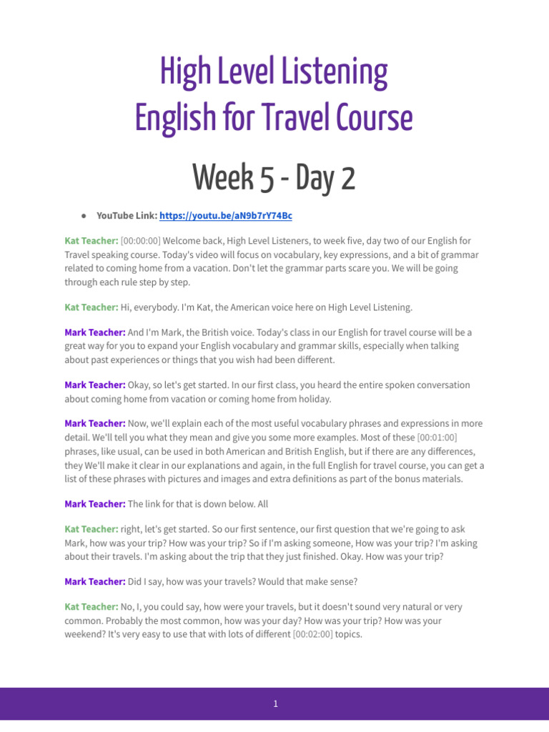 HLL - Transcripts - Travel Course - Week 5 - Day 2 | PDF | English Language | Linguistics