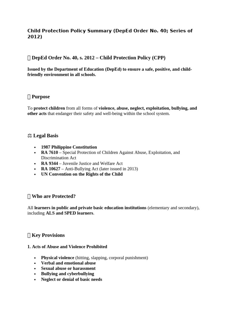 DepEd Child Protection Policy Summary | PDF | Child Protection | Violence