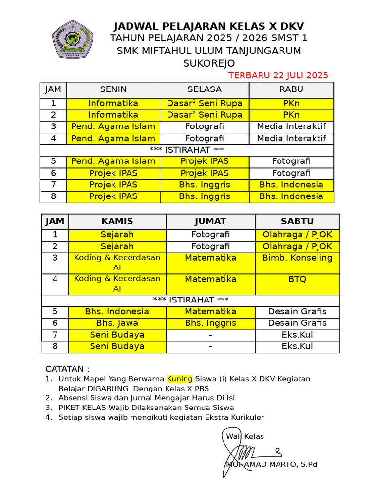 Jadwal Pelajaran Kelas X SMK 2025/2026 | PDF