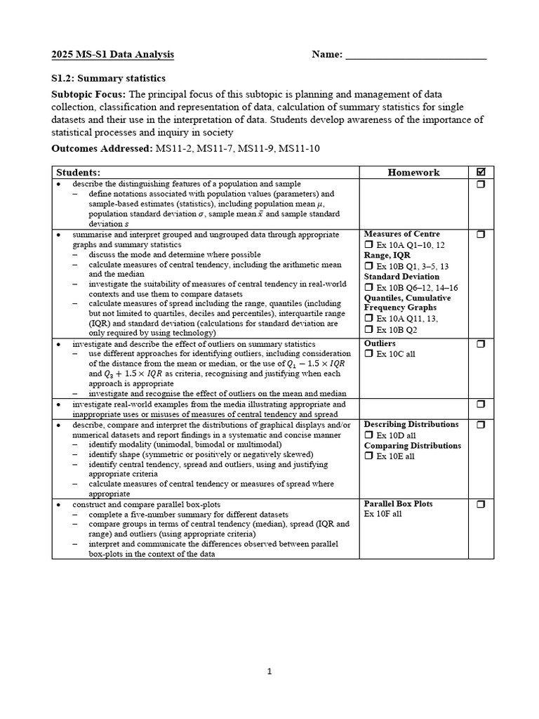 2025 MS - S1.2 Data Analysis (Summary Statistics) | PDF | Mode (Statistics) | Mean