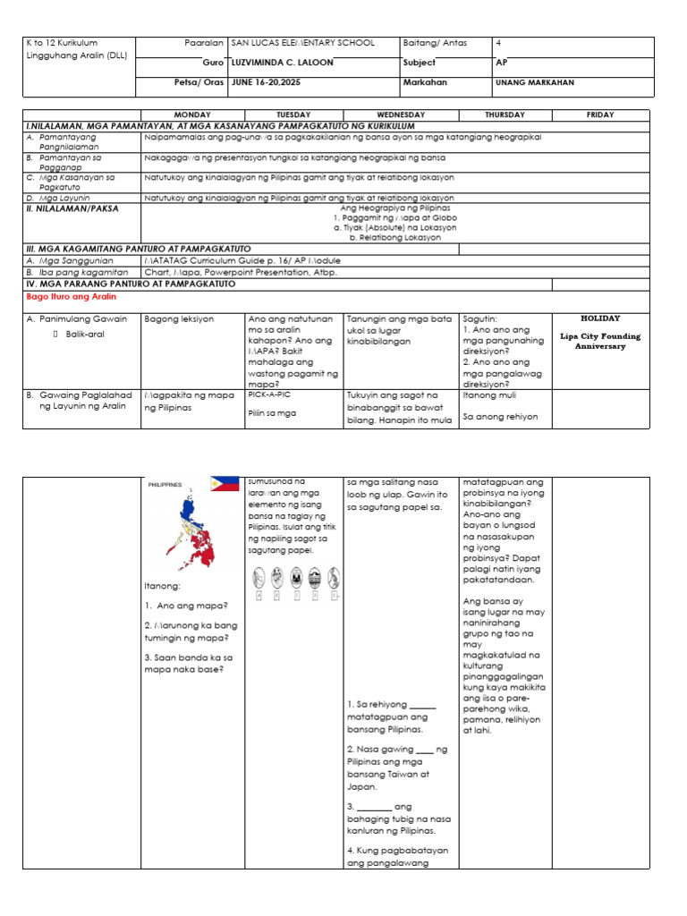 Matatag DLL Week 1 AP g4 | PDF