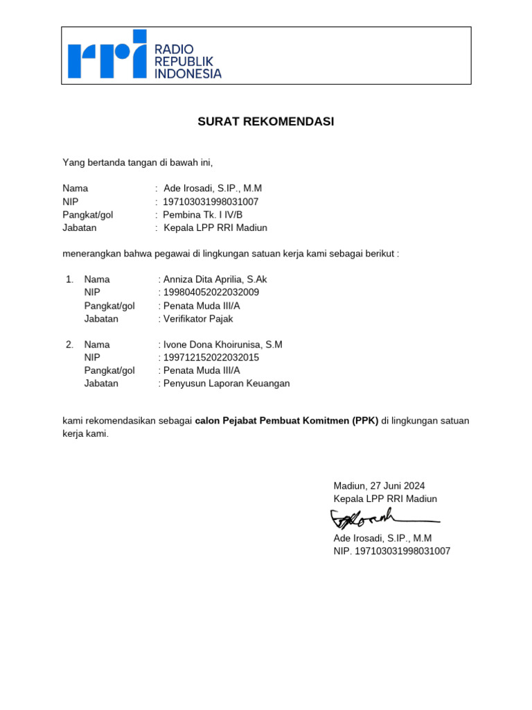 Rekomendasi PPK dari LPP RRI Madiun | PDF