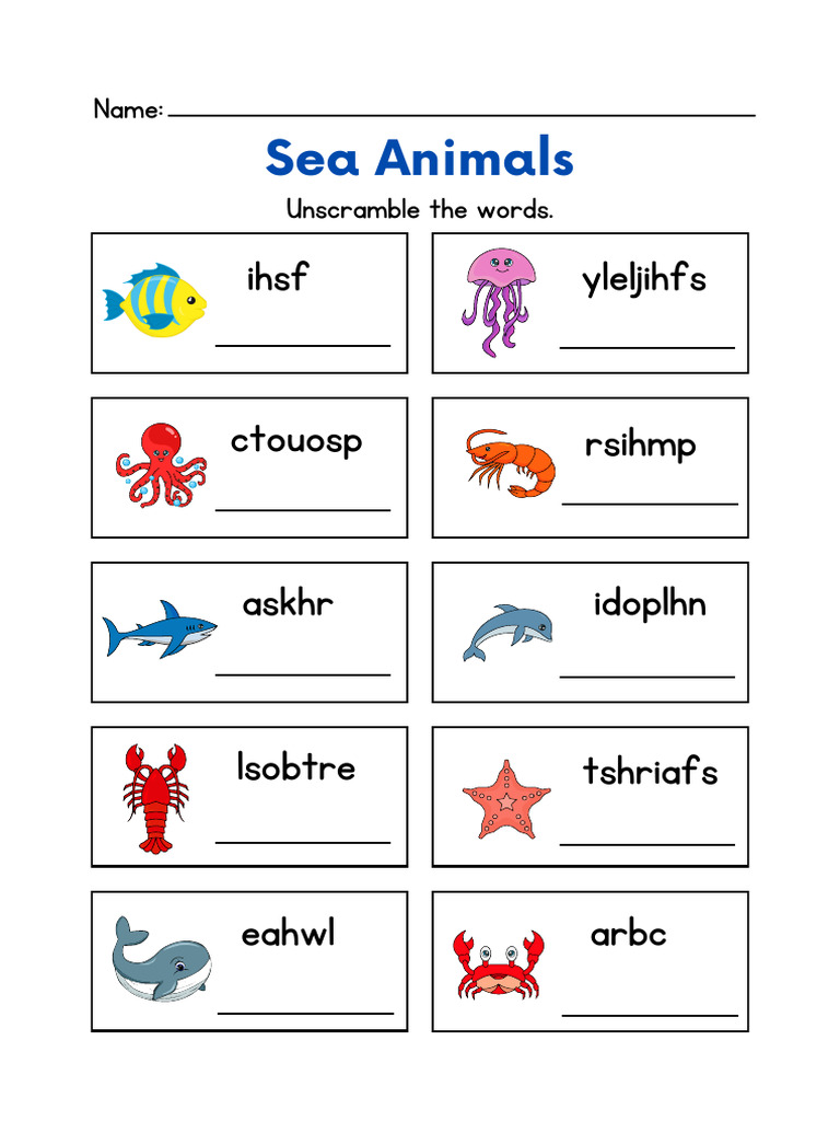 Colorful Illustrative Sea Animals English Worksheet | PDF