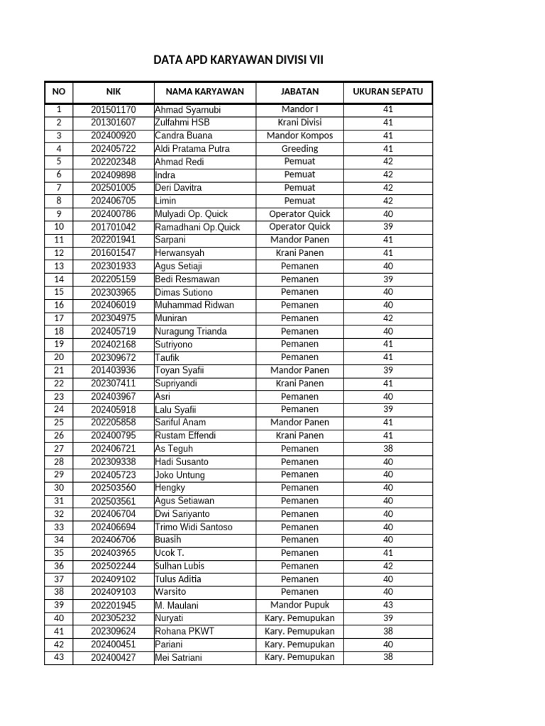 Data Apd Karyawan Divisi Vii Juli 2025 | PDF