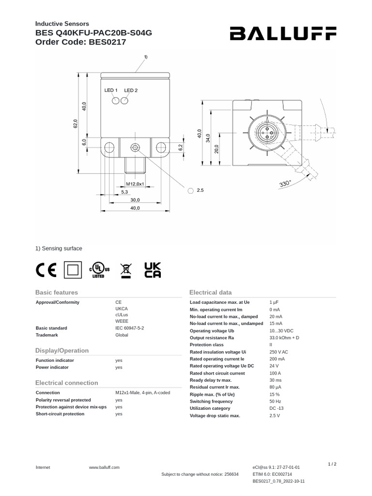 Balluff BES0217 Inductive Sensor Specs | PDF | Alternating Current ...
