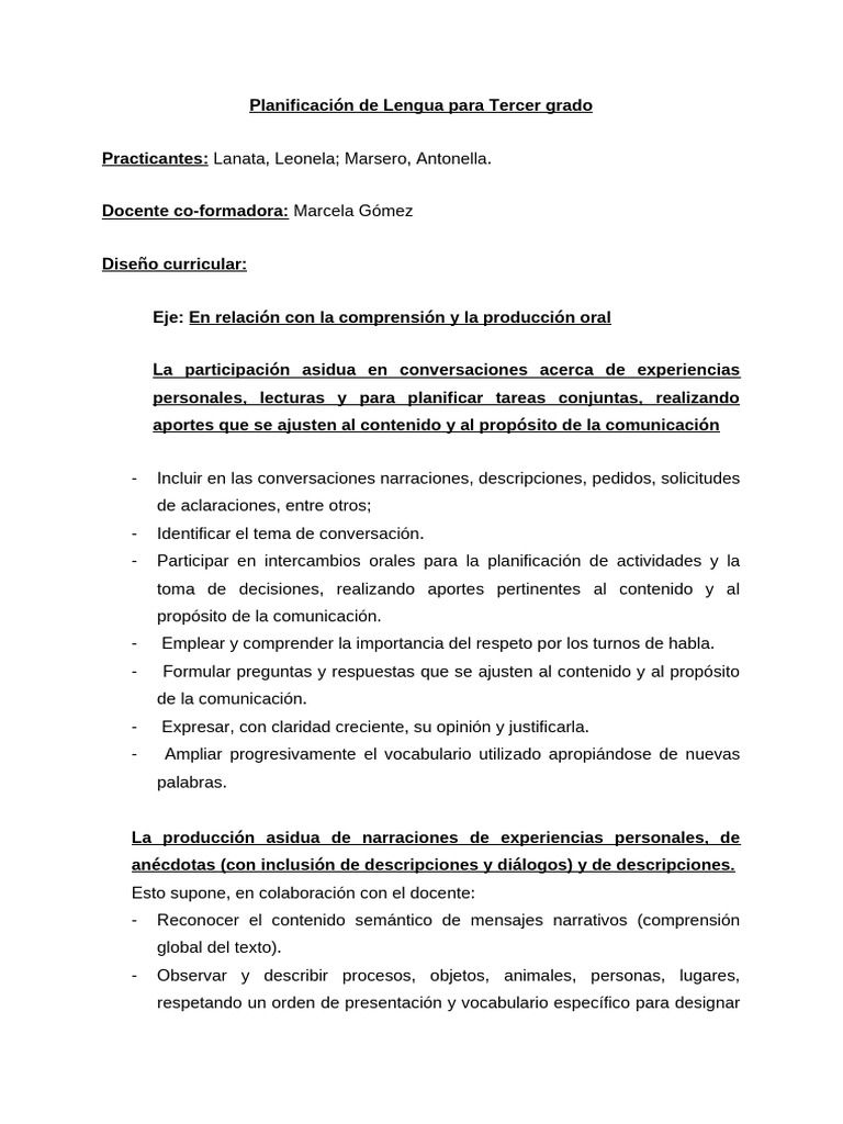 Planificación de Lengua Tercer Grado | PDF | Puntuación | Narración